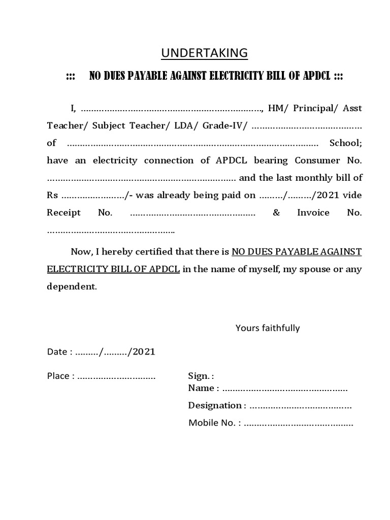 Undertaking:::: No Dues Payable Against Electricity Bill of Apdcl | PDF ...