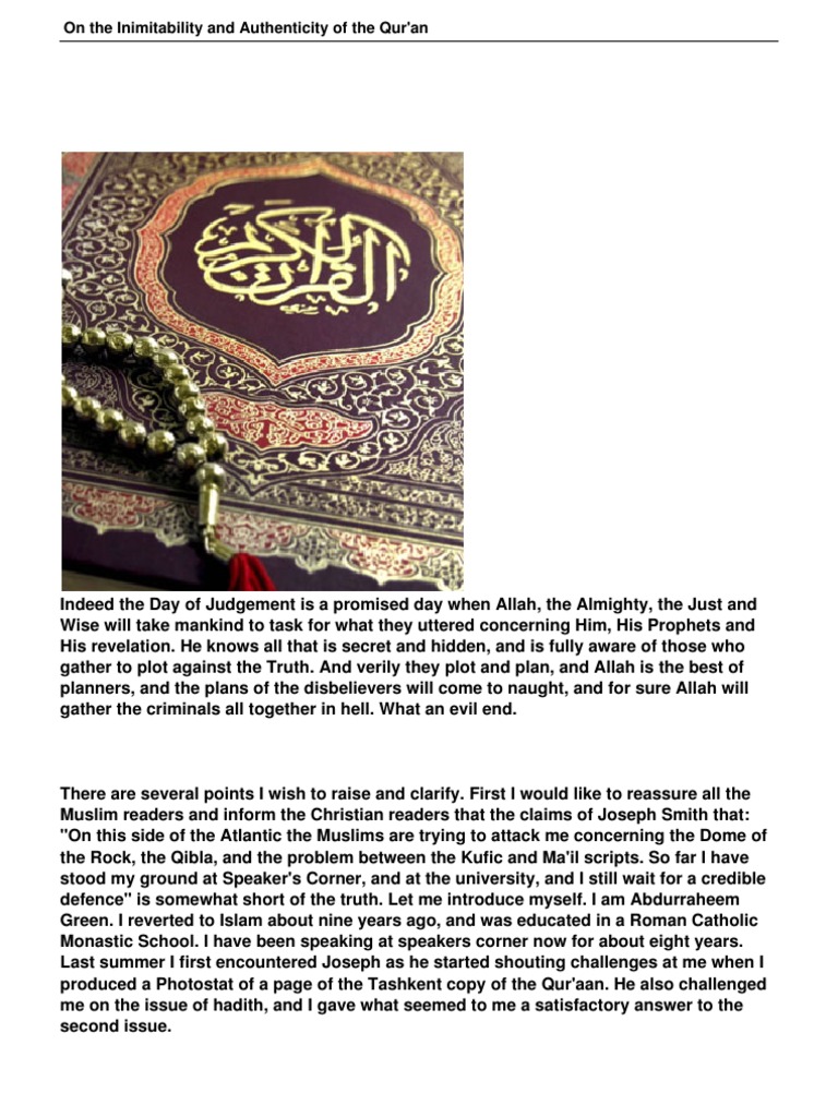 On The Inimitability and Authenticity of The Quran. | PDF | Quran | Islam