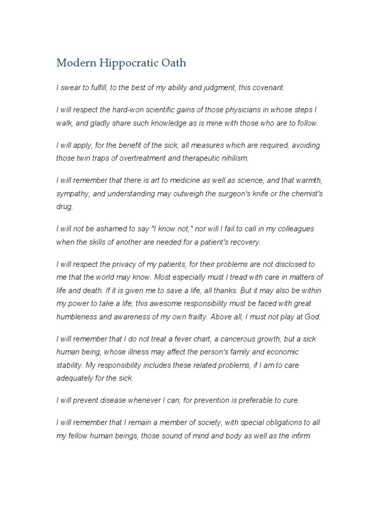 Modern Hippocratic Oath | PDF | Self-Improvement | Wellness