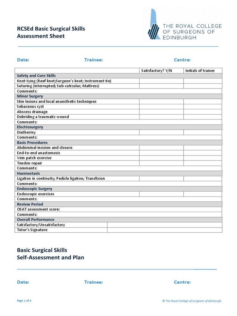 Rcsed Basic Surgical Skills Assessment Sheet: Date: Trainee: Centre | PDF
