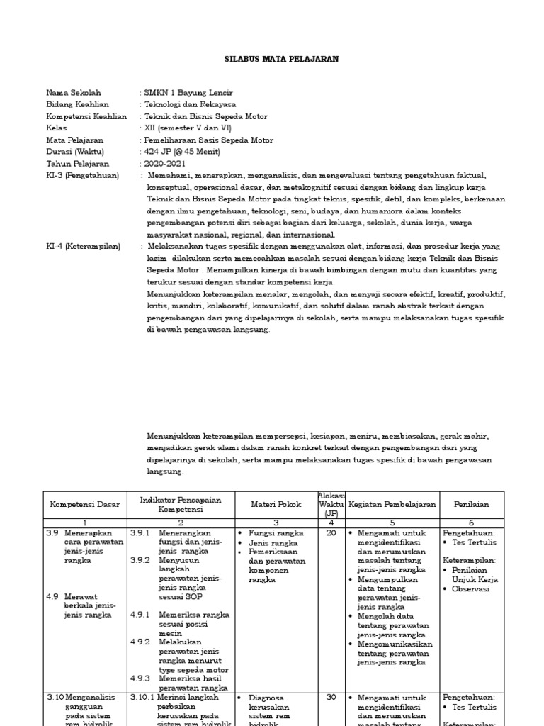 SILABUS TBSM Pemeliharaan Sasis Sepeda Motor Kls XII | PDF | Teknologi & Rekayasa