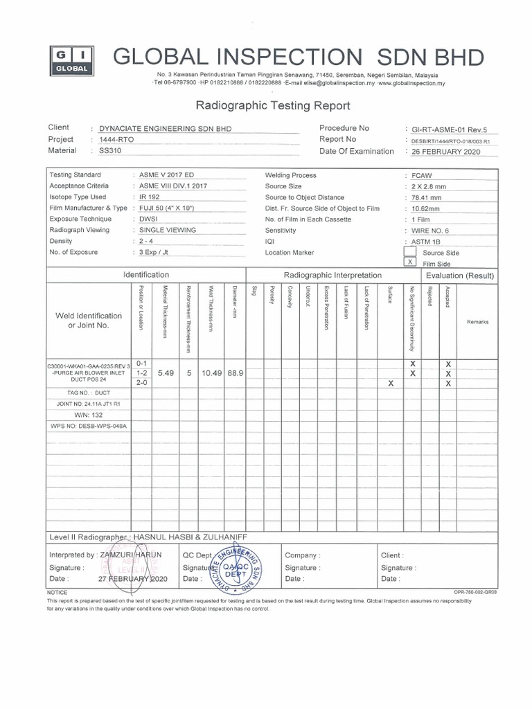 RT Report FCAW 260220 | PDF