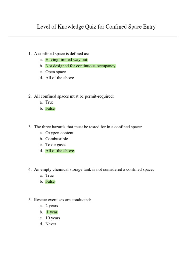 Level of Knowledge Quiz For Confined Space Entry | PDF