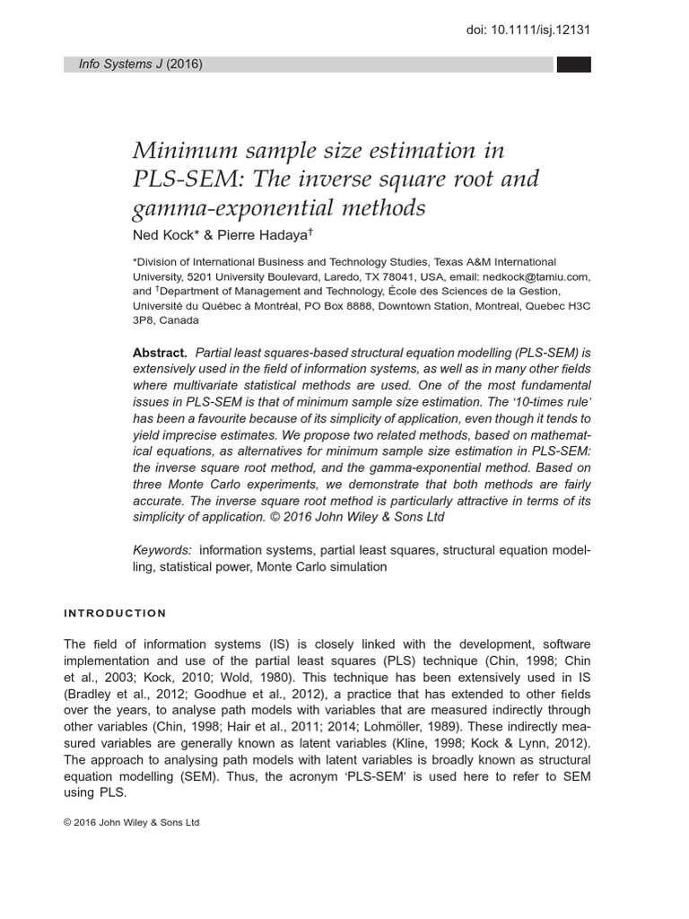 Kock2016 Minimum Sample Size Estimation in PLS-SEM | PDF | Effect Size | Monte Carlo Method