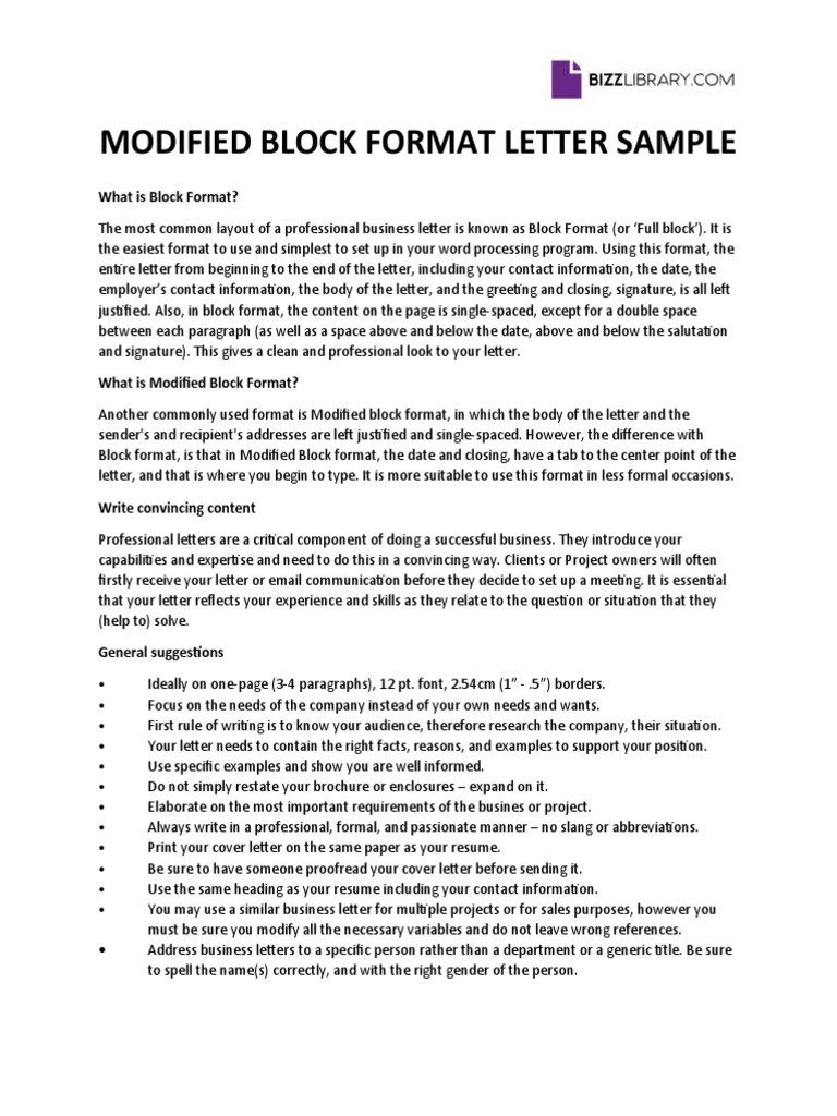 Modified Block Format Letter Sample | PDF | Paragraph | Résumé