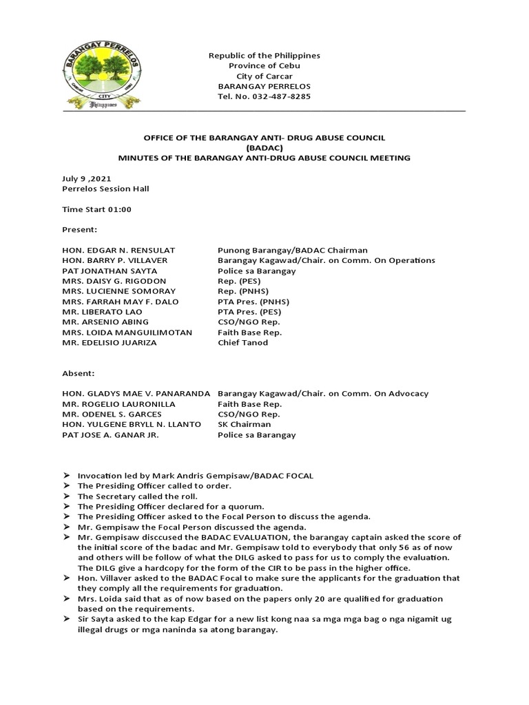 Office of The Barangay Anti-Drug Abuse Council (Badac) Minutes of The ...