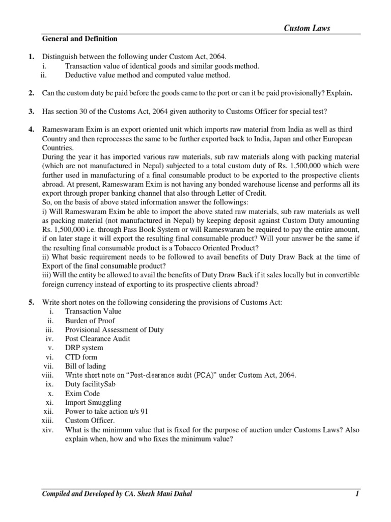 Customs Act 2064: Key Provisions and Duties | PDF | Customs | Tariff