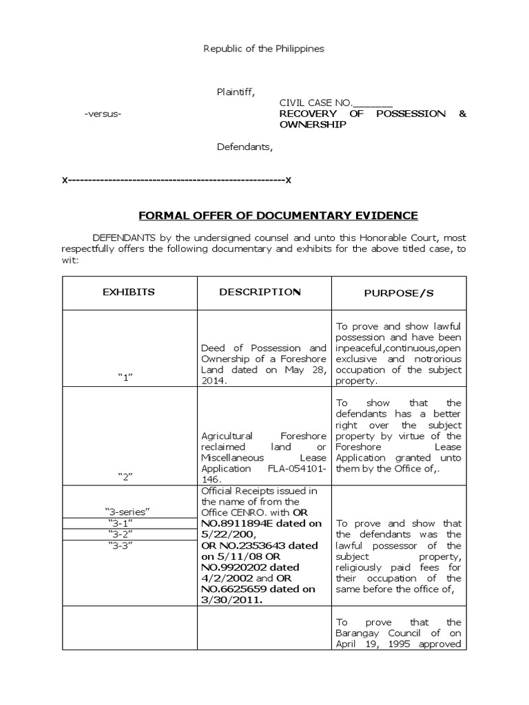 Formal Offer of Documentary Evidence-Recovery of Possession | PDF ...