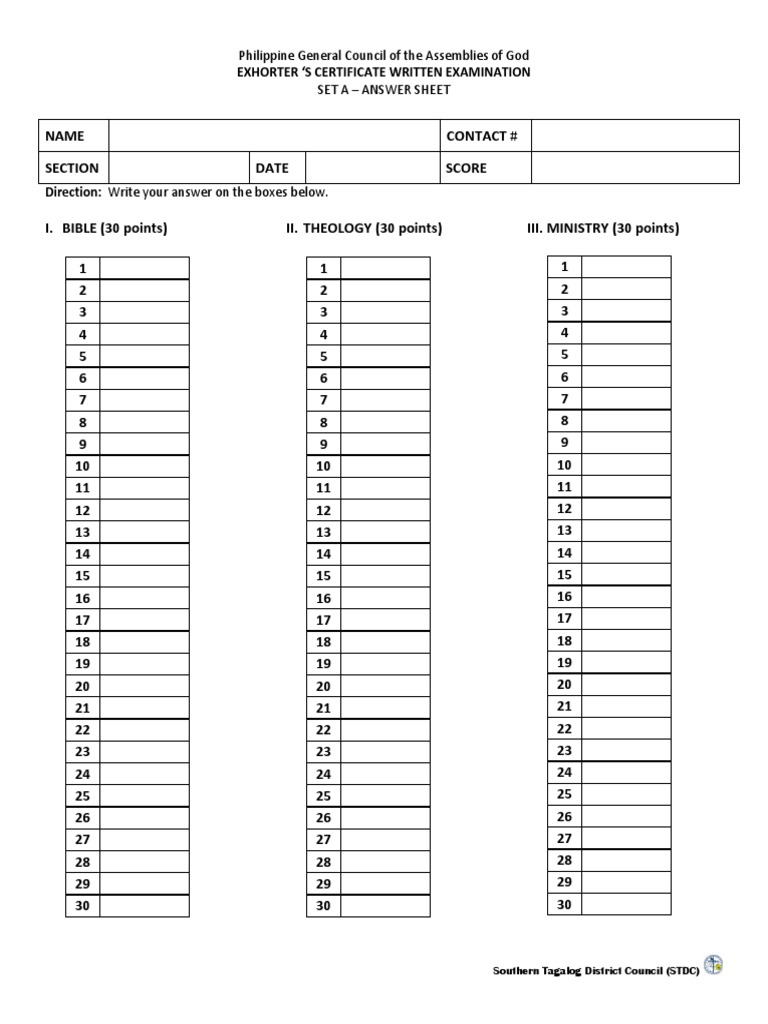Exam Answer Sheet - LE - LP.OM, SM | PDF | Christian Movements ...