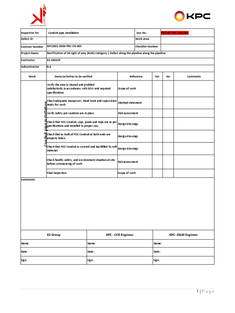 FOC Conduit Pipe Checklist | PDF | Safety | Wellness