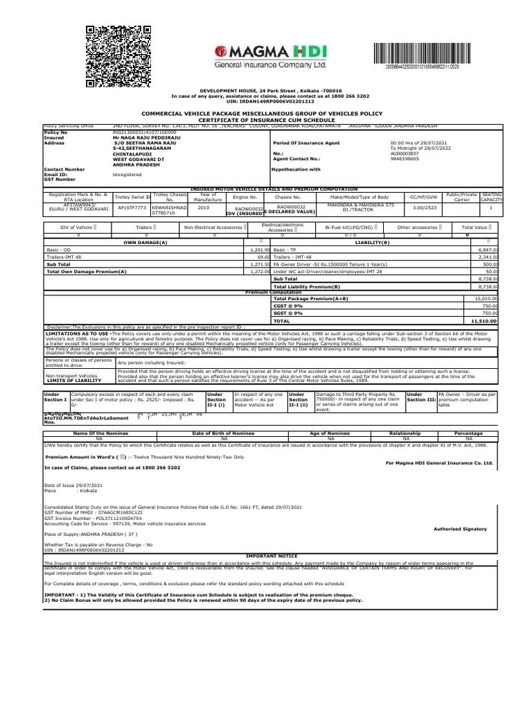 Magma HDI General Insurance Co. Ltd. | PDF | Insurance | Motor Vehicle