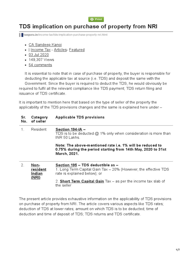 Taxguru - in-tDS Implication On Purchase of Property From NRI | PDF ...