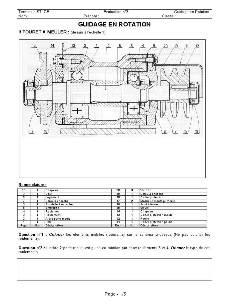 Eval 3 Guidage en Rotation TOURET A MEULER | PDF | Frein | Pièces de ...