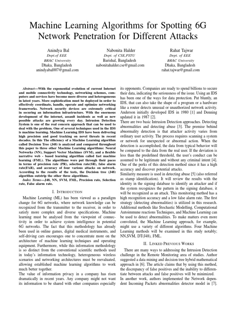 Machine Learning Algorithms For Spotting 6G Network Penetration For Different Attacks | PDF ...