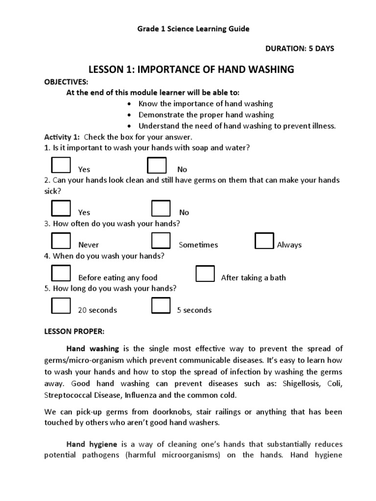 Week 1 2 Science Grade 1 | PDF | Hand Washing | Senses