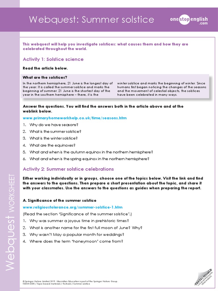 Summer Solstice Webquest - Worksheet | PDF | Observances | Seasons