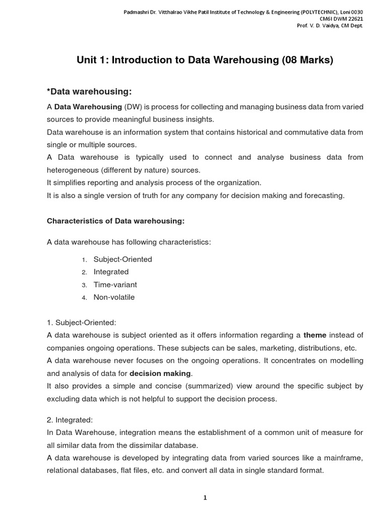 DWM Unit 1. Introduction To Data Warehousing | PDF | Data Warehouse | Metadata