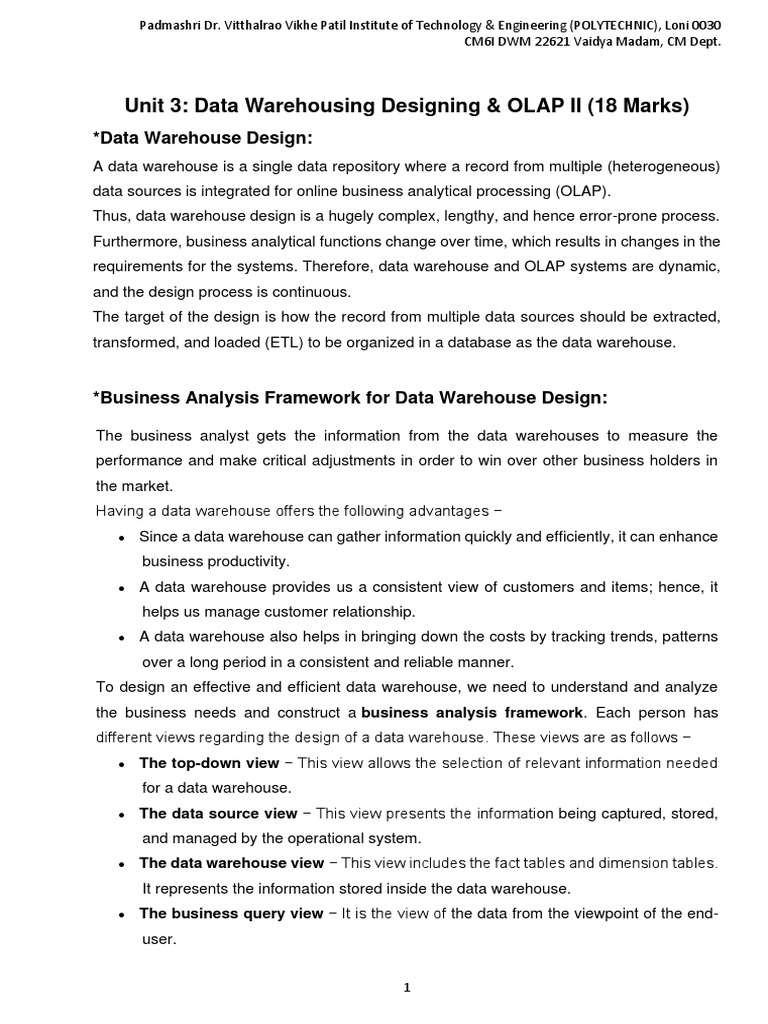 DWM Unit 3. Data Warehousing Designing & OLAP II | PDF | Data Warehouse ... DWM Unit 3. Data Warehousing Designing & OLAP II | PDF | Data Warehouse ...