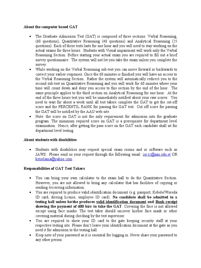 GAT Exam Overview and Guidelines | PDF | Identity Document | Test ...