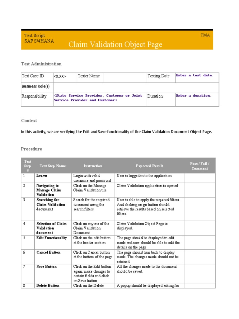 Claim Validation Object Page: Test Script Sap S/4Hana | PDF | User ...