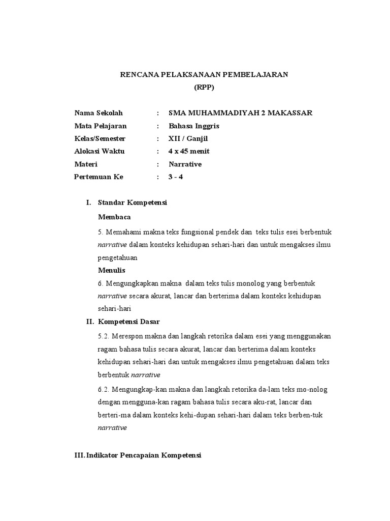 RPP Narrative Text Xii Lesson Plan | PDF