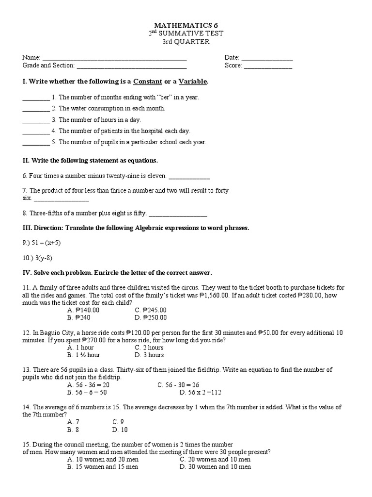 Mathematics 6: 2 Summative Test 3Rd Quarter | PDF | Equations | Algebra