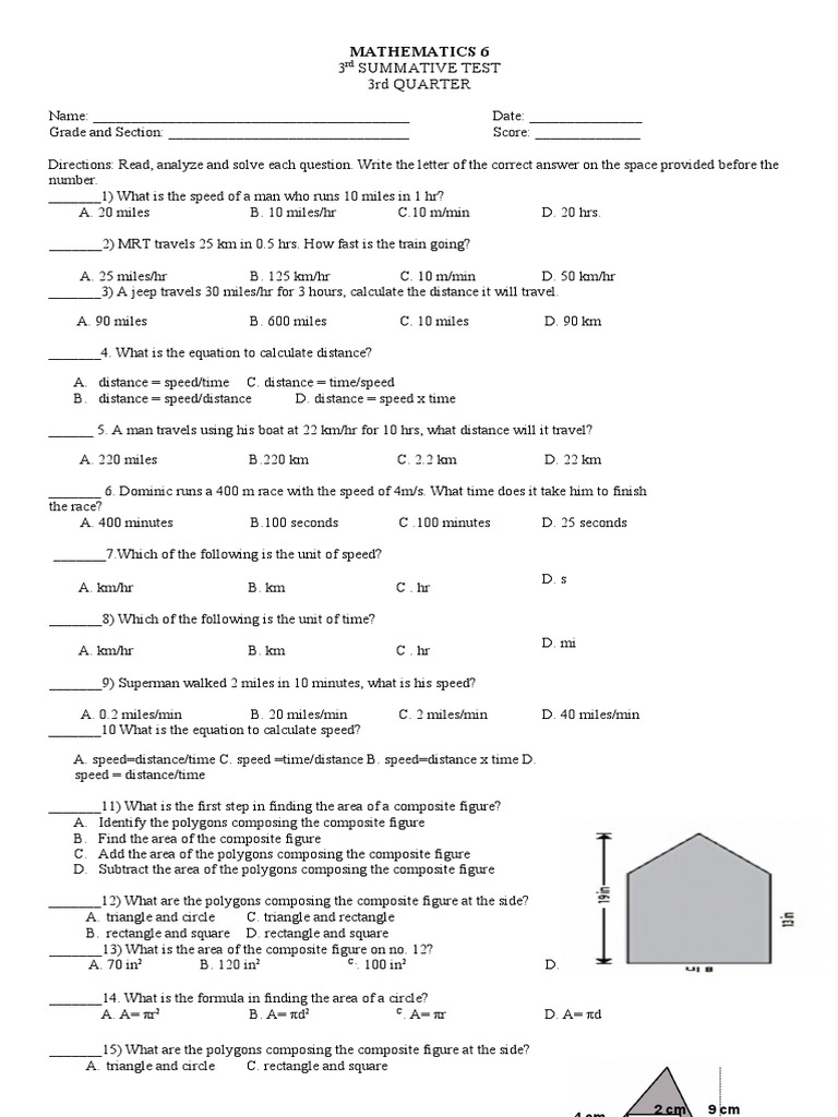 3 Summative Test 3Rd Quarter: Mathematics 6 | PDF | Area | Speed