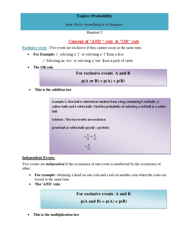 Concept of "AND " Rule & "OR" Rule: Exclusive Event | PDF | Probability ...