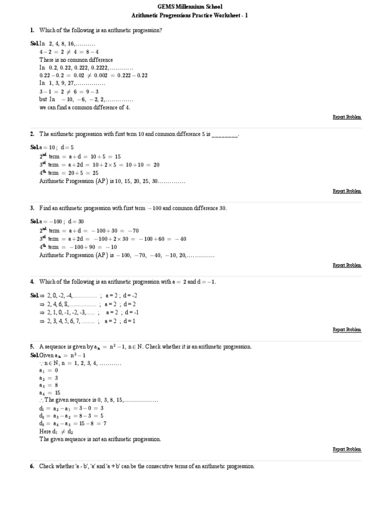 GR 10 Arithmetic Progressions Practice Worksheet - 1 Answer Key | PDF | Mathematical Analysis ...