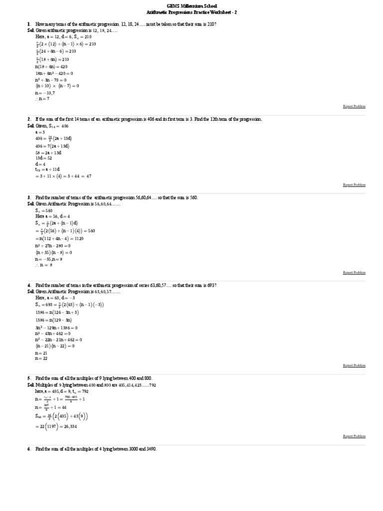 GR 10 Arithmetic Progressions Practice Worksheet - 2 Answer Key | PDF | Numbers | Elementary ...