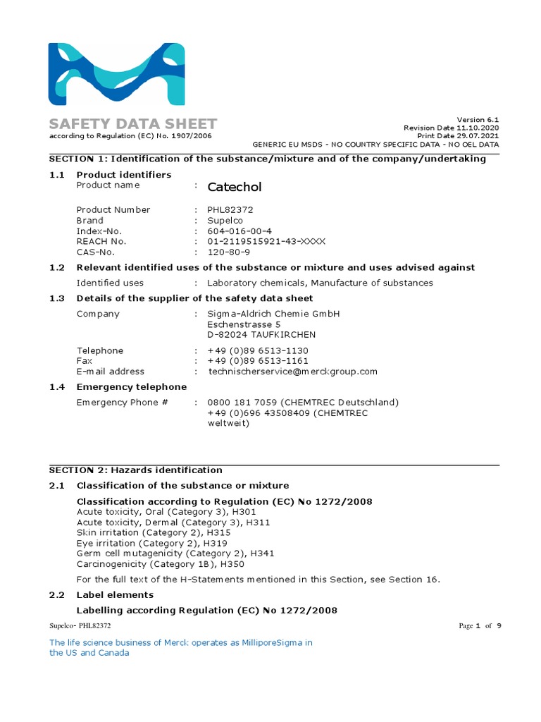 Safety Data Sheet: Catechol | PDF | Toxicity | Firefighting