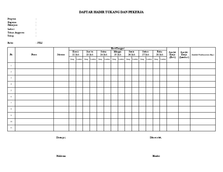 Daftar Hadir Pekerja Proyek Juli | PDF