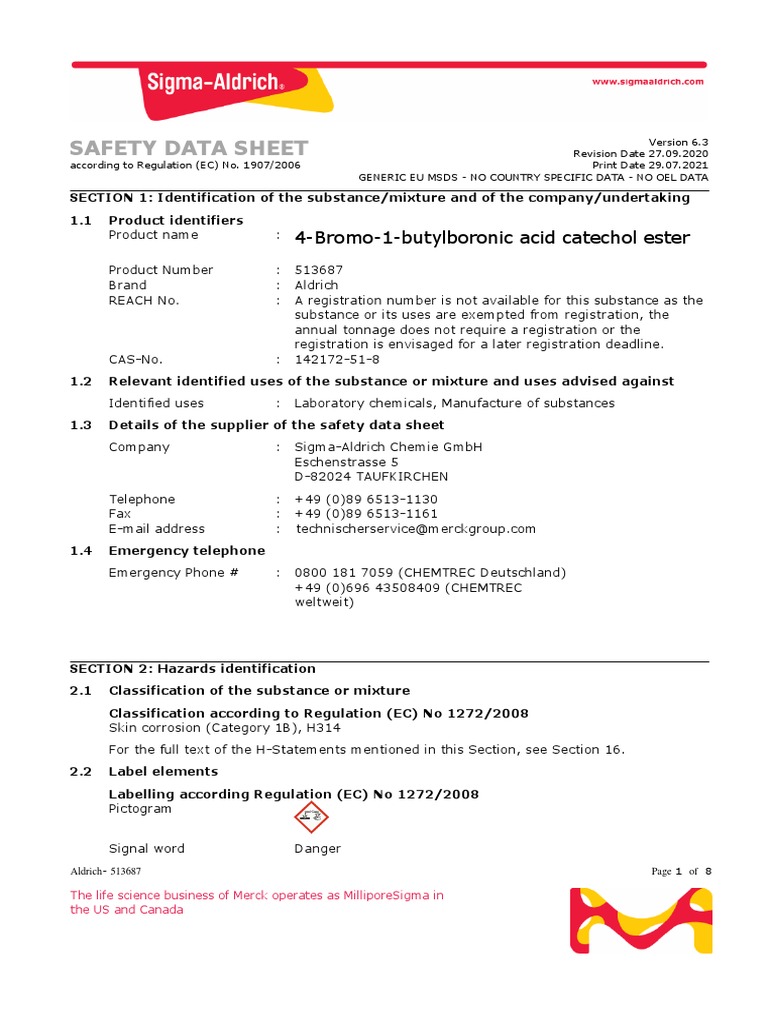 Safety Data Sheet: 4-Bromo-1-Butylboronic Acid Catechol Ester | PDF | Firefighting | Dangerous Goods