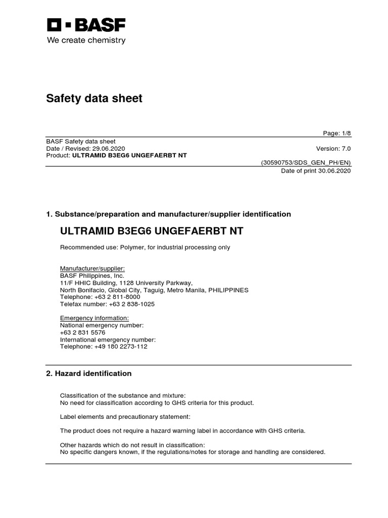 Safety Data Sheet: Ultramid B3Eg6 Ungefaerbt NT | PDF | Toxicity ...