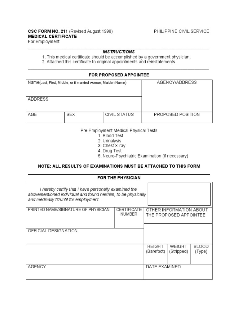 CSC Form 211 - Medical Certificate | PDF