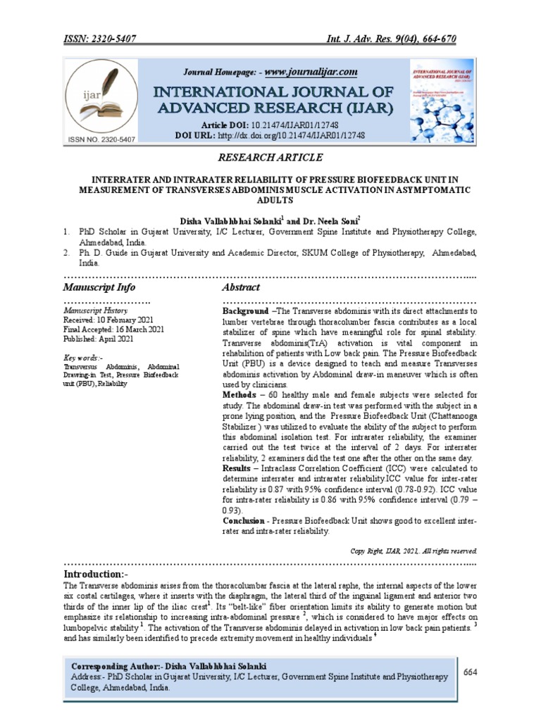 Interrater and Intrarater Reliability of Pressure Biofeedback Unit in ...