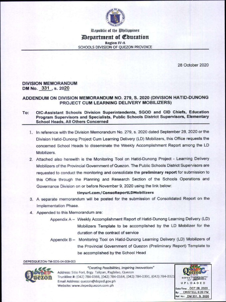 DM 331 S. 2020 Addendum On Division Memorandum No. 279 S. 2020 Division ...