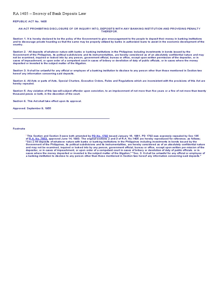 RA 1405 - Secrecy of Bank Deposits Law | PDF | U.S. Securities And ...