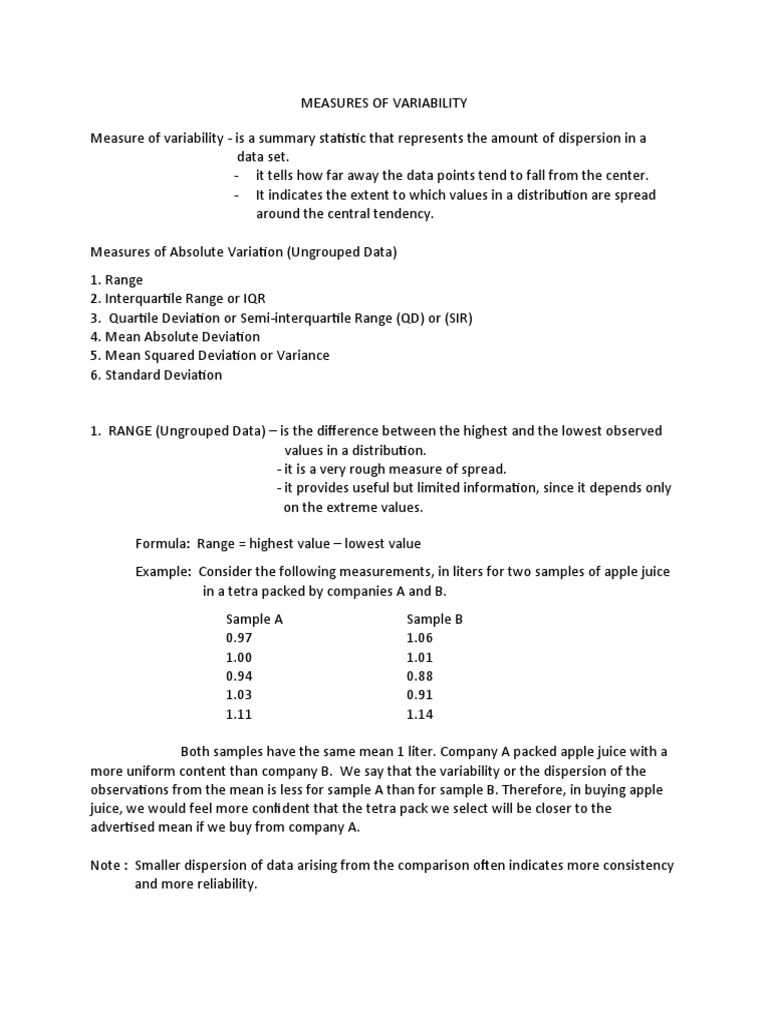 Measures of Variation - Ungrouped Data | PDF | Descriptive Statistics ...