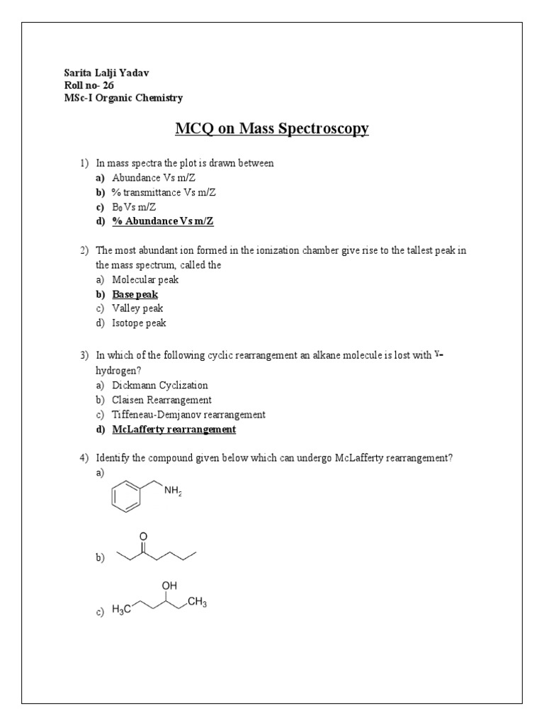 MCQs on Mass Spectroscopy | PDF | Science & Mathematics | Technology ...