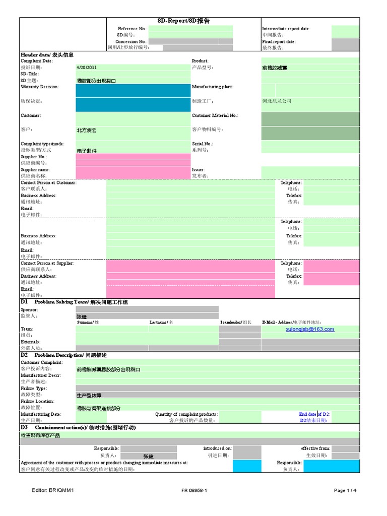 8D Report 中英文对照模板 | PDF