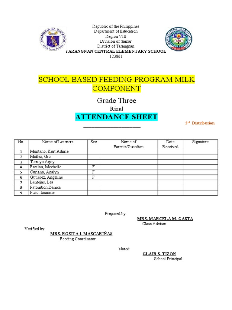 Milk Feeding Attendance Sheet | PDF