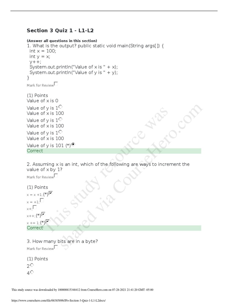 This Study Resource Was: Section 3 Quiz 1 - L1-L2 | PDF | Integer (Computer Science) | Computer Data