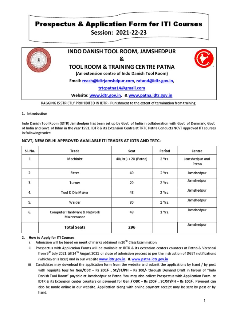 Prospectus & Application Form For ITI Courses Session: 2021-22-23 | PDF ...