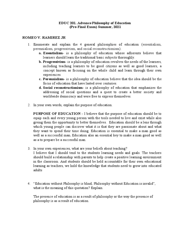 Essentialism, Perennialism, Progressivism, and Social Reconstructionism) | PDF