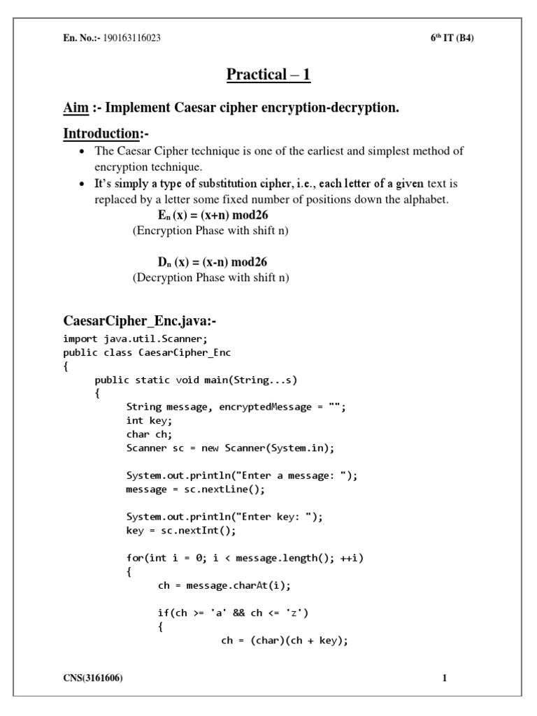 Practical - 1: Aim:-Implement Caesar Cipher Encryption-Decryption. Introduction | PDF ...