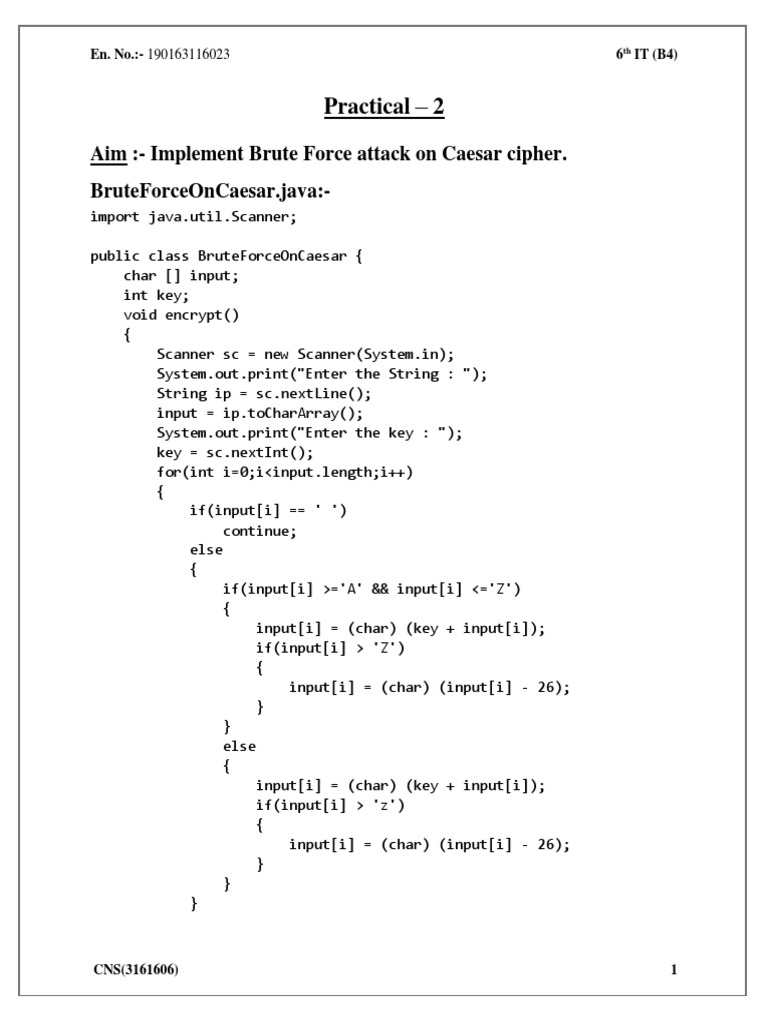Practical - 2: Aim:-Implement Brute Force Attack On Caesar Cipher. Bruteforceoncaesar - Java ...