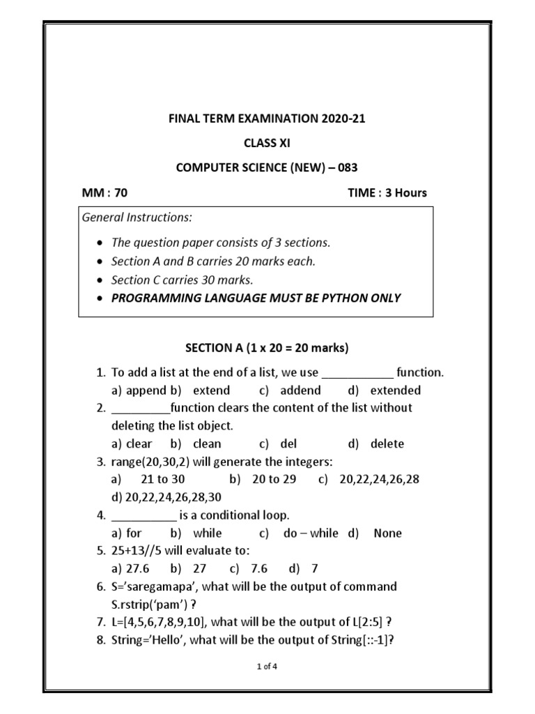 Final Term Question Paper Class XI Computer Science | PDF | Computer Engineering | Software ...