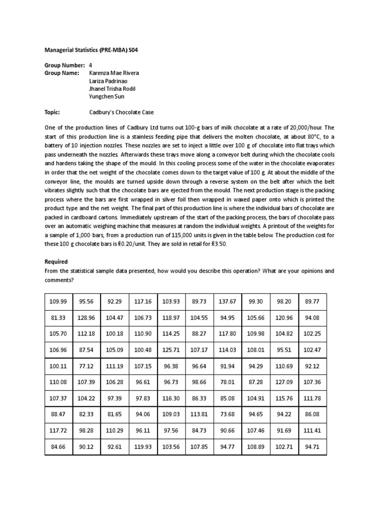 Cadbury's Chocolate Case | PDF | Standard Deviation | Statistics