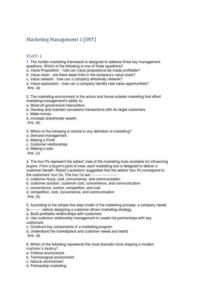 IMT Marketing Management Exam Questions | PDF | Marketing | Sales